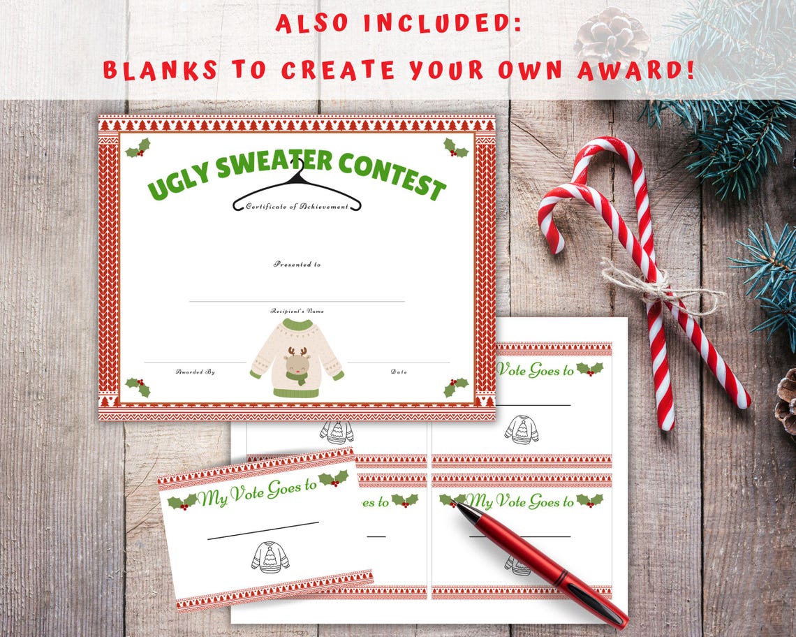 Ugly Christmas Sweater Contest Printable Awards, Christmas Award ...