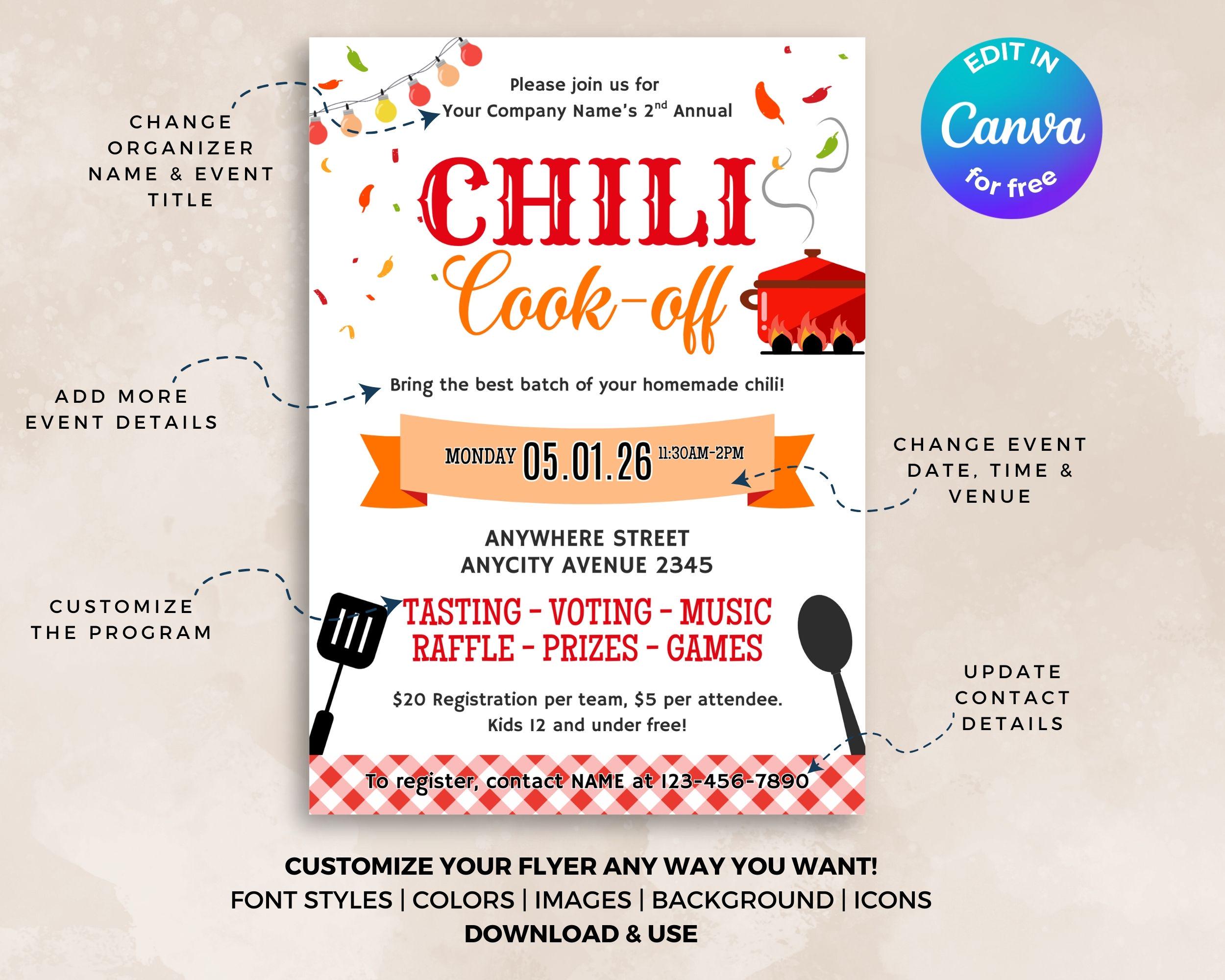 Chili Cook off Flyer Template, Office Chili Cookoff Editable Invitation ...