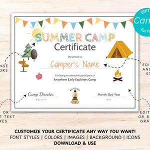 Summer Camp Editable Certificate Template, at Home Summer Camp Awards ...