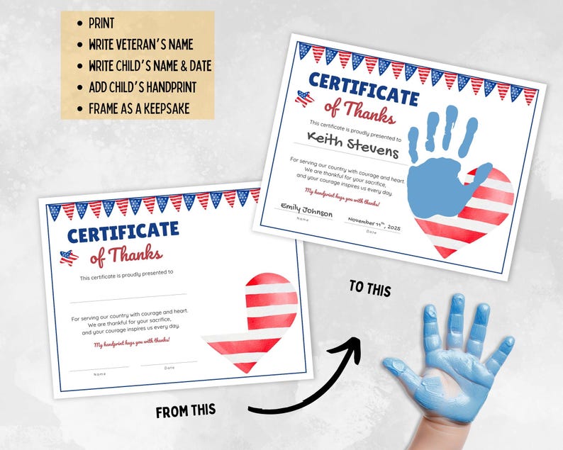 Veterans Day Handprint Craft for Kids, Veteran Appreciation Certificate ...