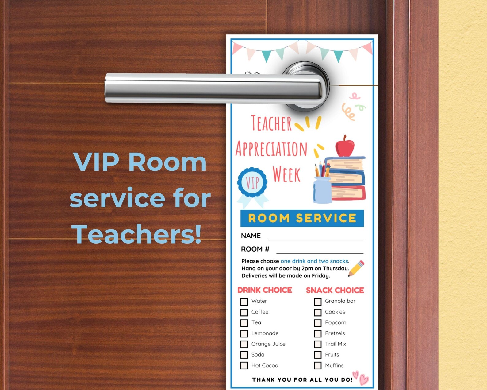 Teacher Appreciation Week Door Hanger, Editable VIP Room Service Staff ...