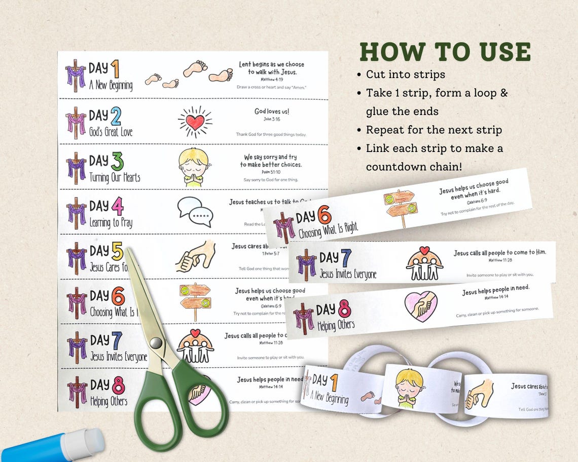 40 Days of Lent Countdown Chain, Lent Calendar for Kids, Lent Sunday ...