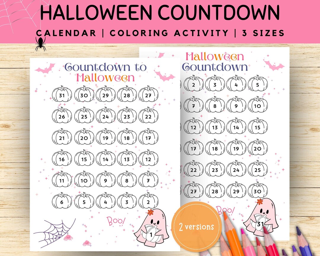 Halloween Countdown Calendar Coloring Activity, Pink Halloween ...