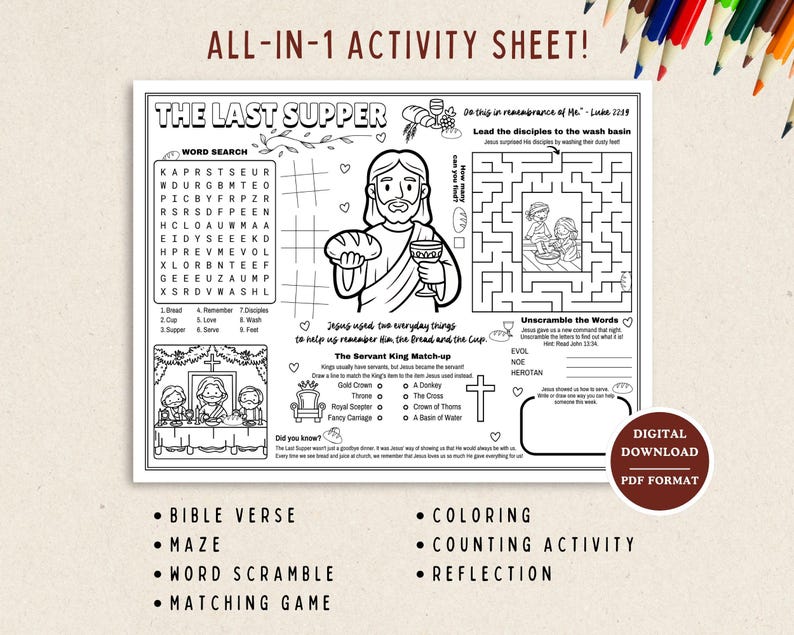 The Last Supper Activity Placemat, Maundy Thursday Holy Week for Kids ...