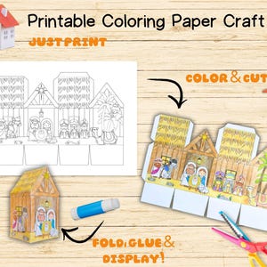 3D Nativity Scene Paper House Template, Christmas Coloring Craft for ...