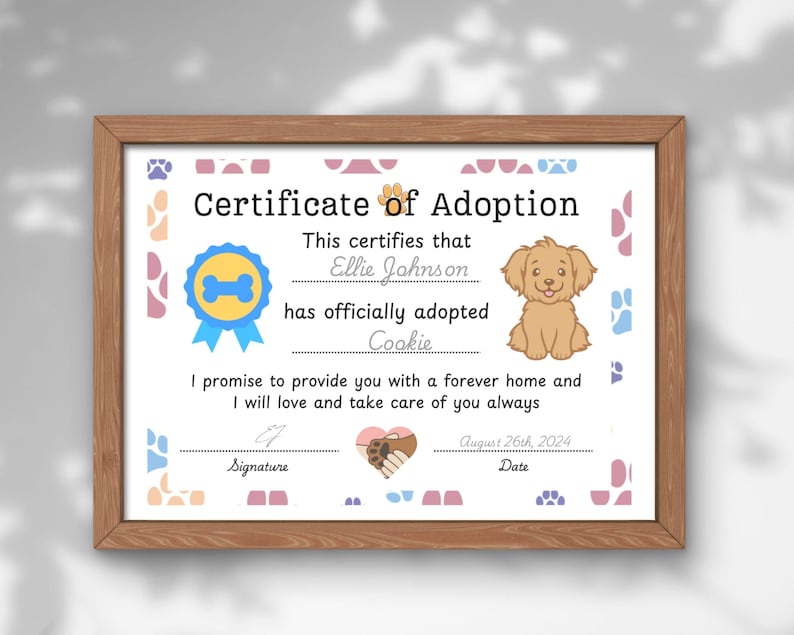 Dog Adoption Certificate Printable, Editable Pet Certificate Template ...