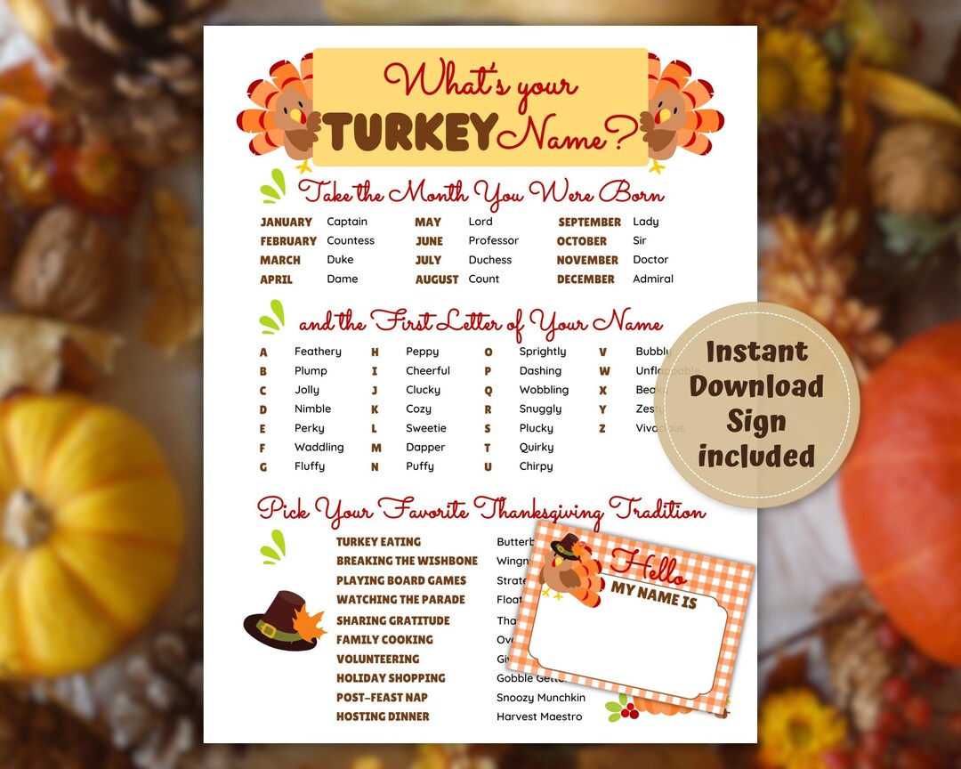 Whats Your Turkey Name Game, Thanksgiving Games for Adults, Family ...