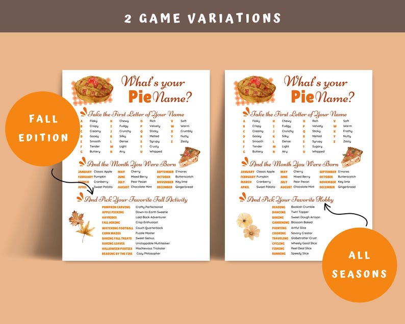 What's Your Pie Name Game, Thanksgiving Games for Adults, Name ...