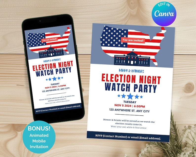 Editable Election Watch Party Invitation, USA Election Night Invitation ...