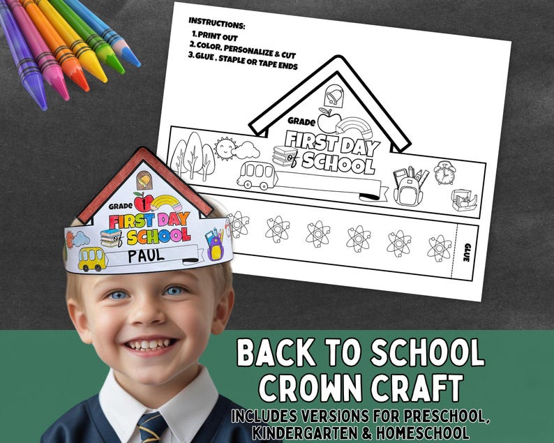 First Day of School Paper Crown Template, Back to School Craft, 1st Day ...