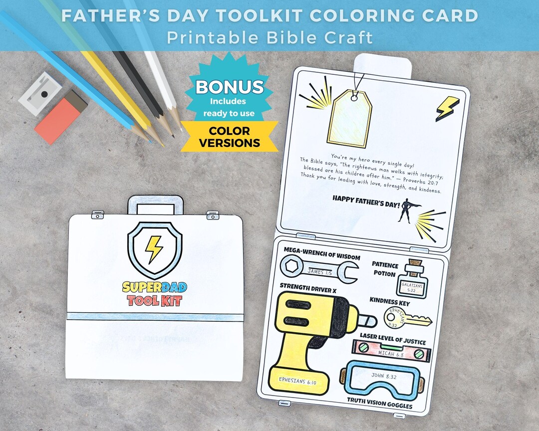 Fathers Day Bible Craft, Hero Dad Toolbox Coloring Card, Christian ...