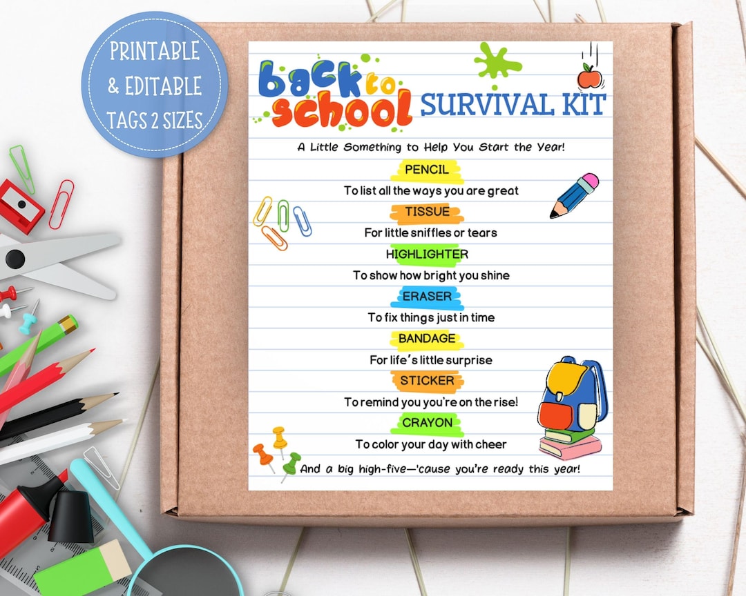 Back to School Survival Kit Tags, First Day of School Student Survival ...