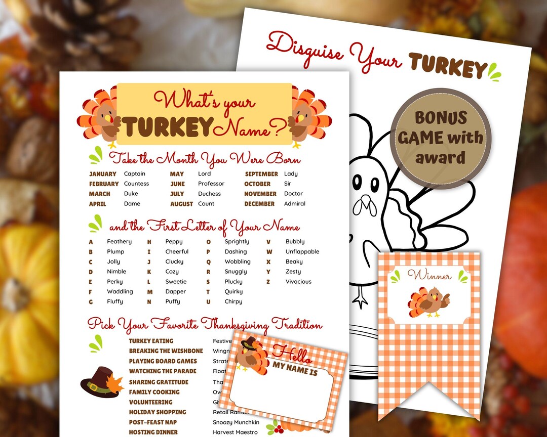 Whats Your Turkey Name Game, Thanksgiving Games for Adults, Family ...