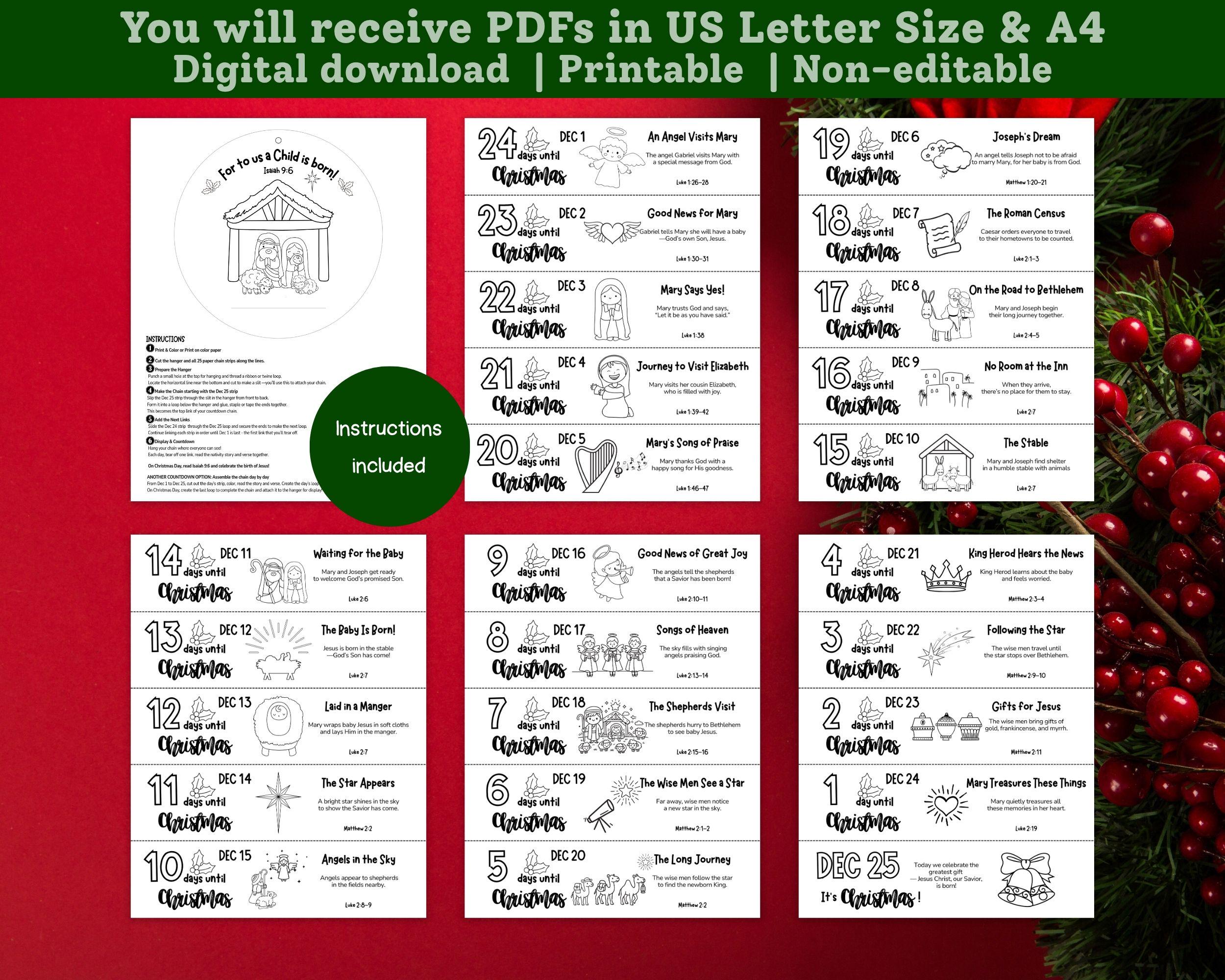 Nativity Story Christmas Countdown Chain, Bible Verse Advent Calendar ...