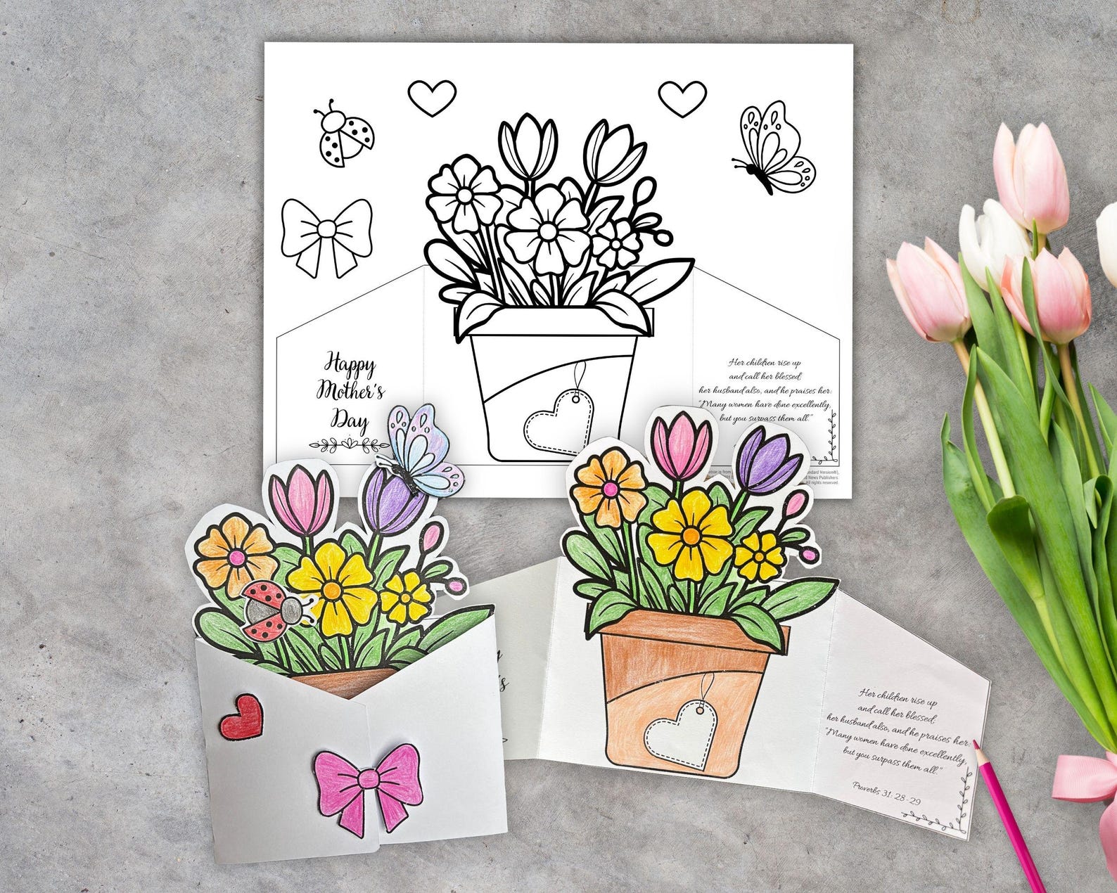 Mothers Day Flower Coloring Card, Proverbs 31 Mothers Day Card, Bible ...