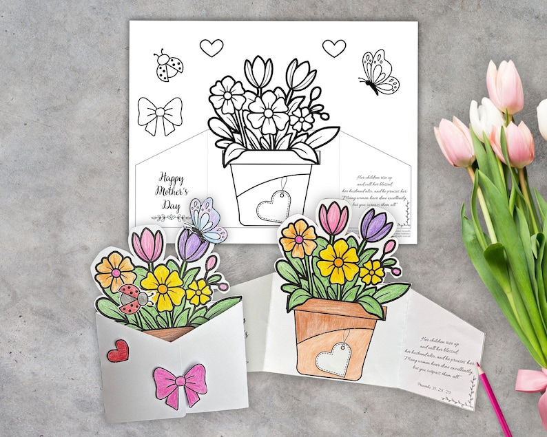 Mothers Day Flower Coloring Card, Proverbs 31 Mothers Day Card, Bible ...
