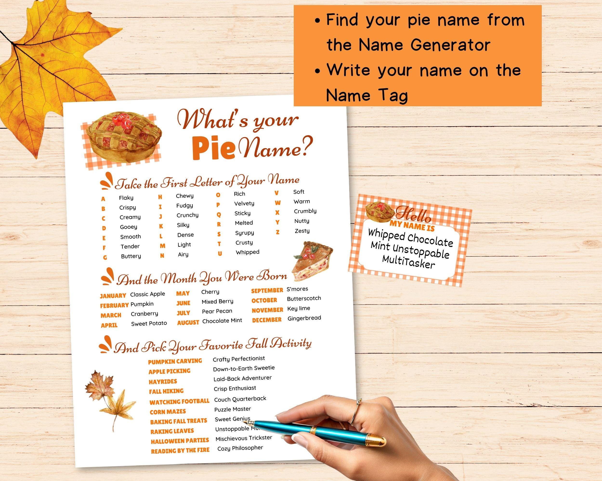 What's Your Pie Name Game, Thanksgiving Games for Adults, Name ...