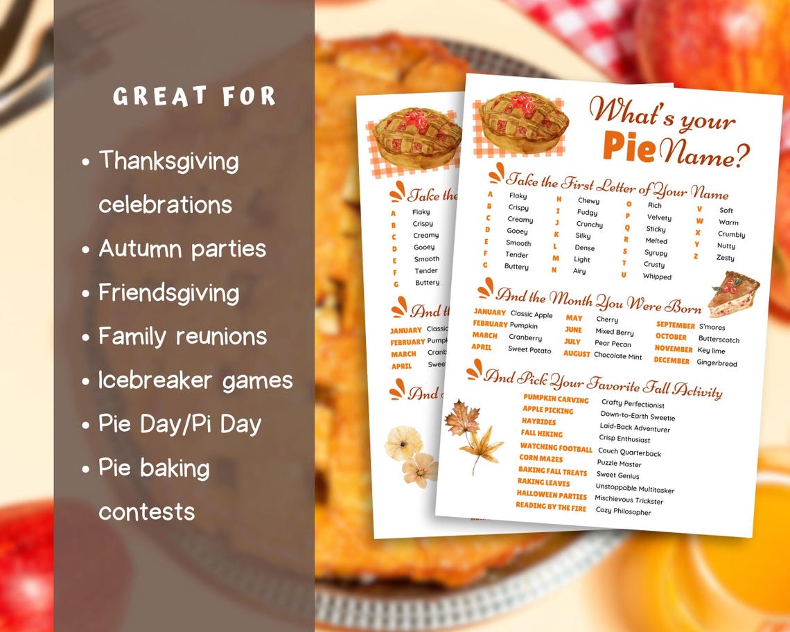 What's Your Pie Name Game, Thanksgiving Games for Adults, Name ...