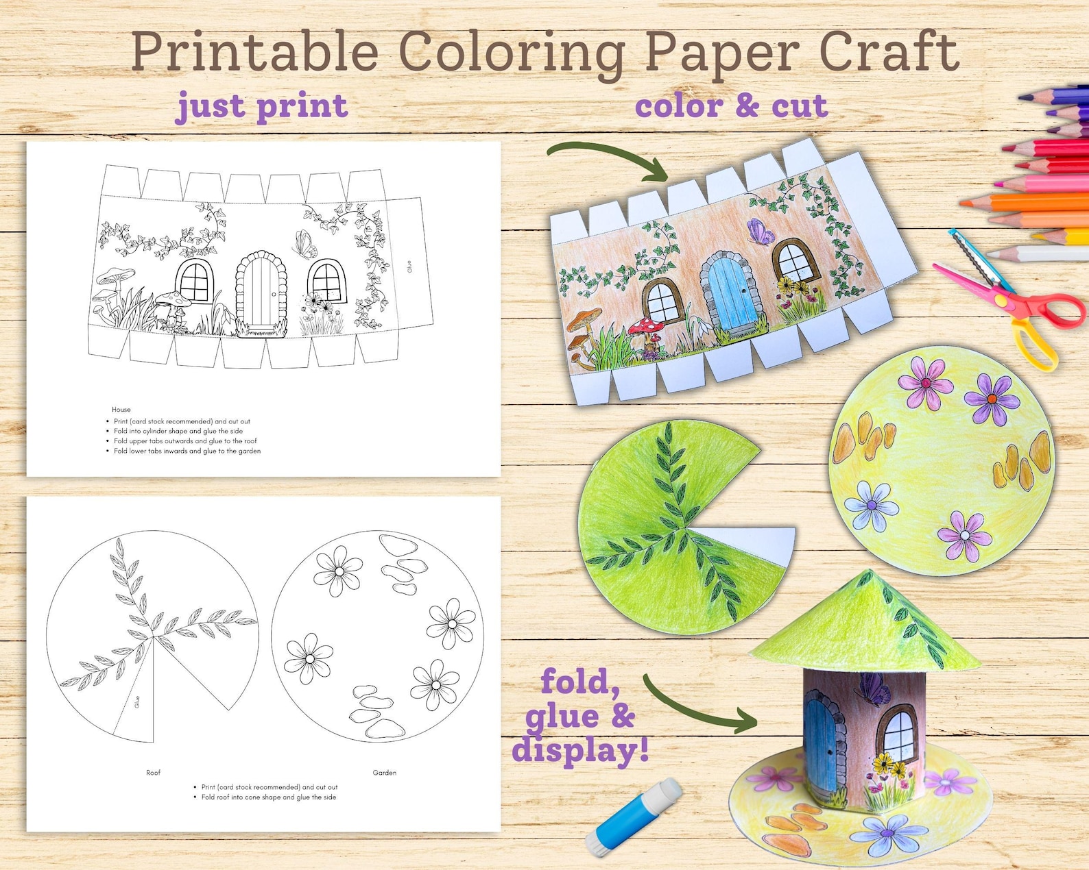 Fairy House Paper Craft for Kids, Paper House Template, DIY 3D Paper ...