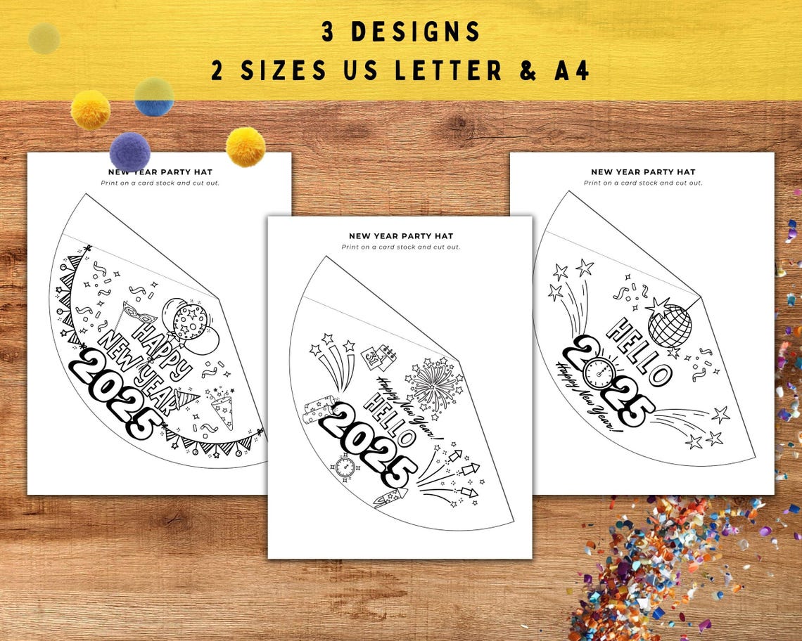 2025 New Year Party Hat, Make Your Own Hat Coloring Pages, New Years ...