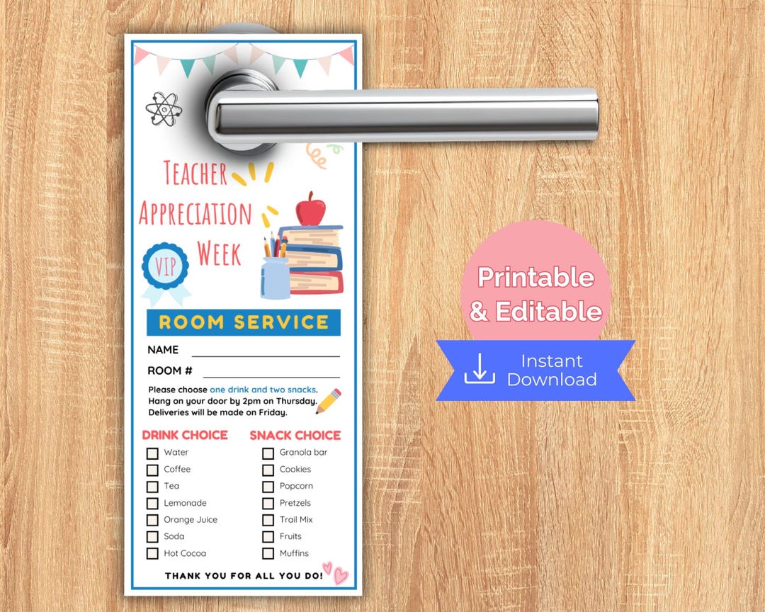 Teacher Appreciation Week Door Hanger, Editable VIP Room Service Staff ...