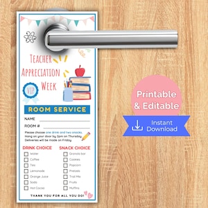 Teacher Appreciation Week Door Hanger, Editable VIP Room Service Staff ...