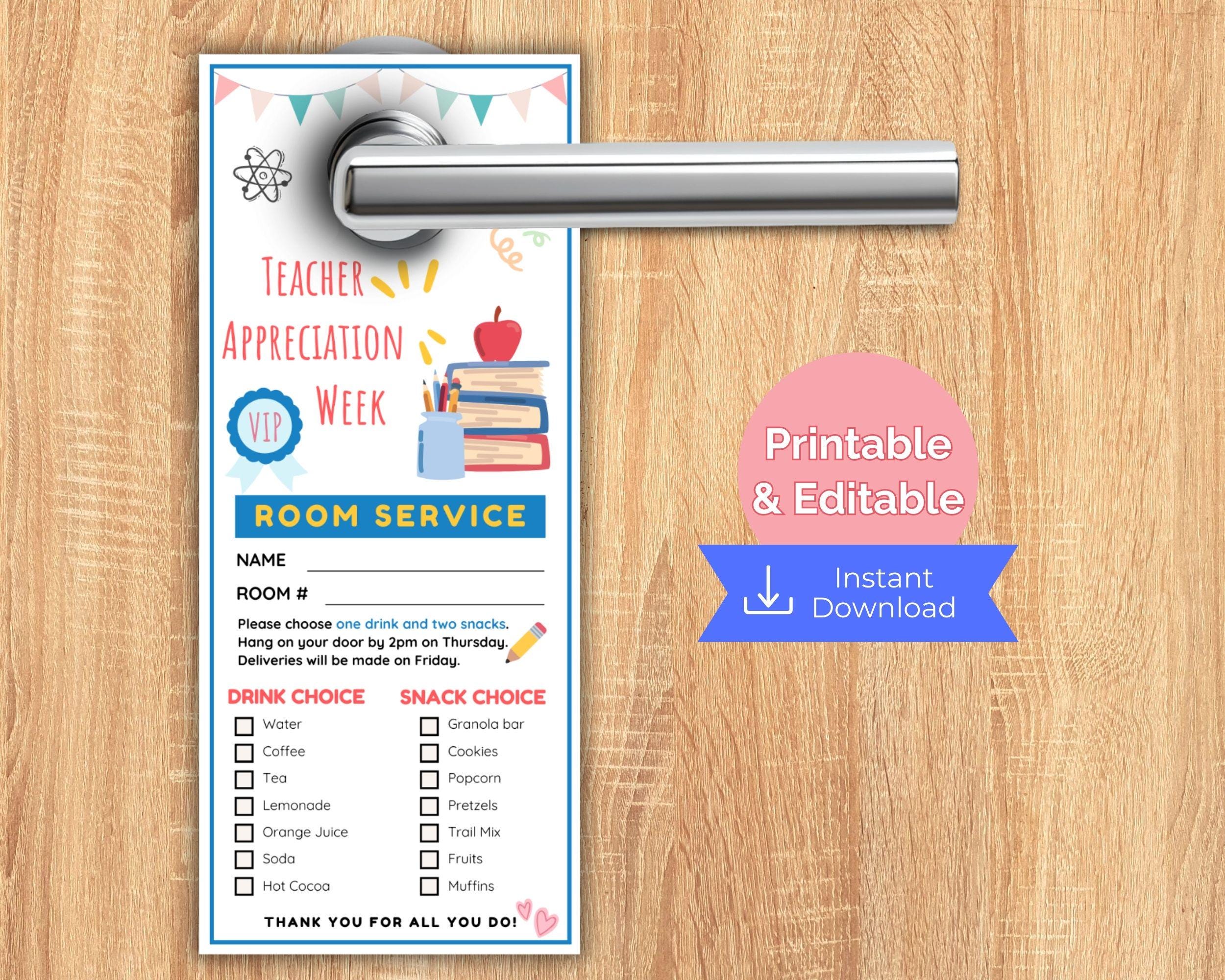 Teacher Appreciation Week Door Hanger, Editable VIP Room Service Staff ...