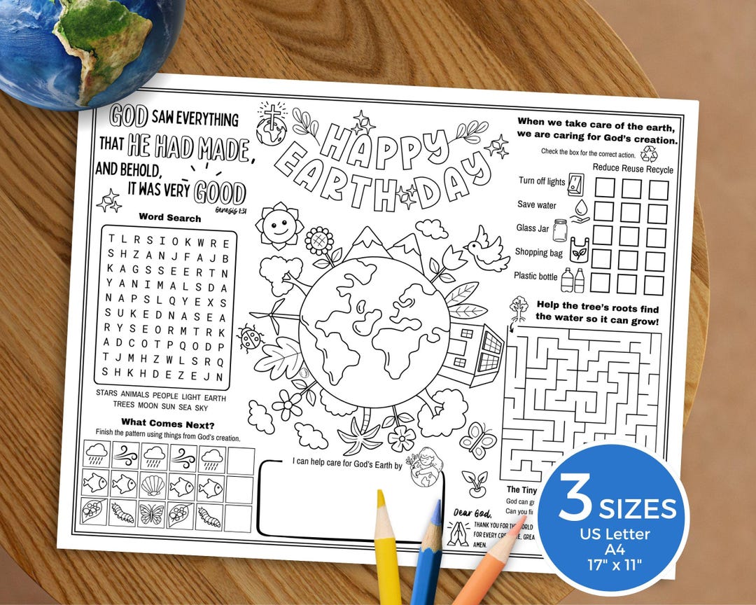 Christian Earth Day Activity Placemat, God's Creation Earth Day ...