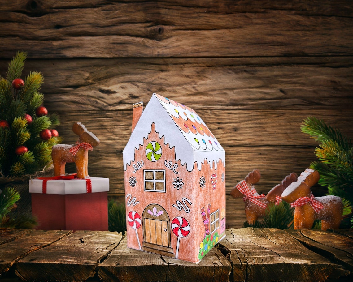 3D Gingerbread Paper House Template, Christmas Coloring Craft for Kids ...