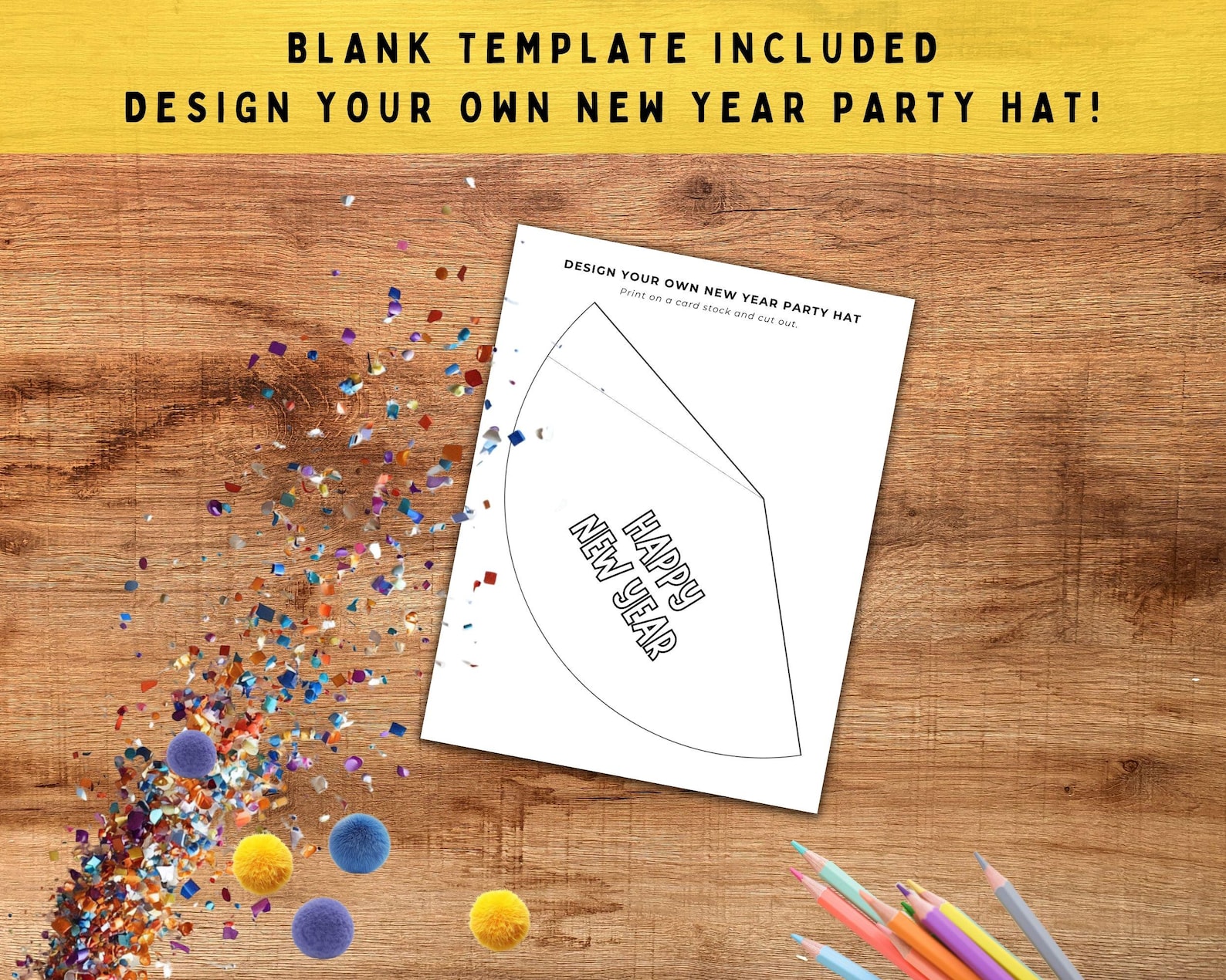 2025 New Year Party Hat, Make Your Own Hat Coloring Pages, New Years ...