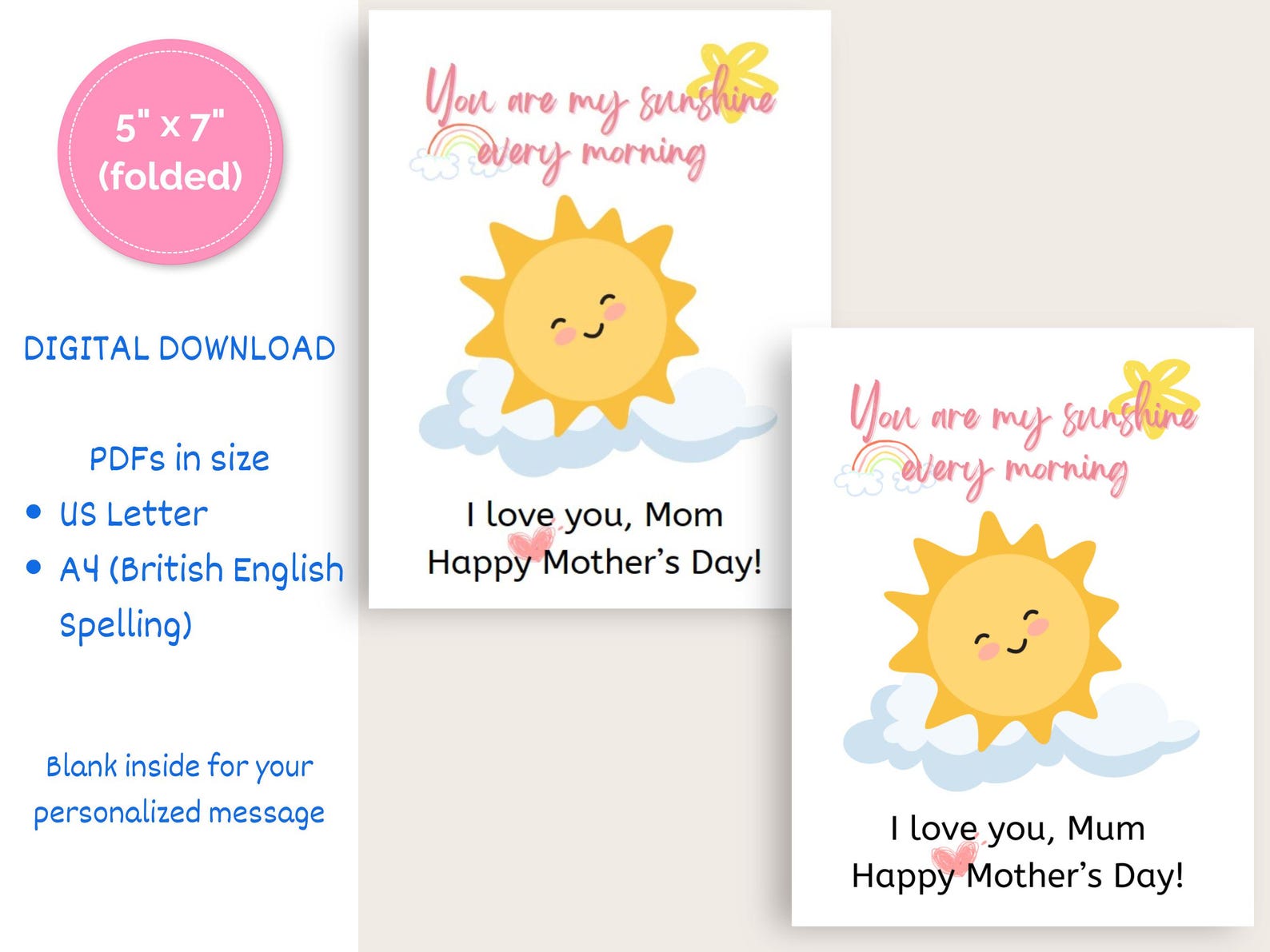 Mother's Day Printable Card, Sunshine Mom's Day Card, Instant Digital ...