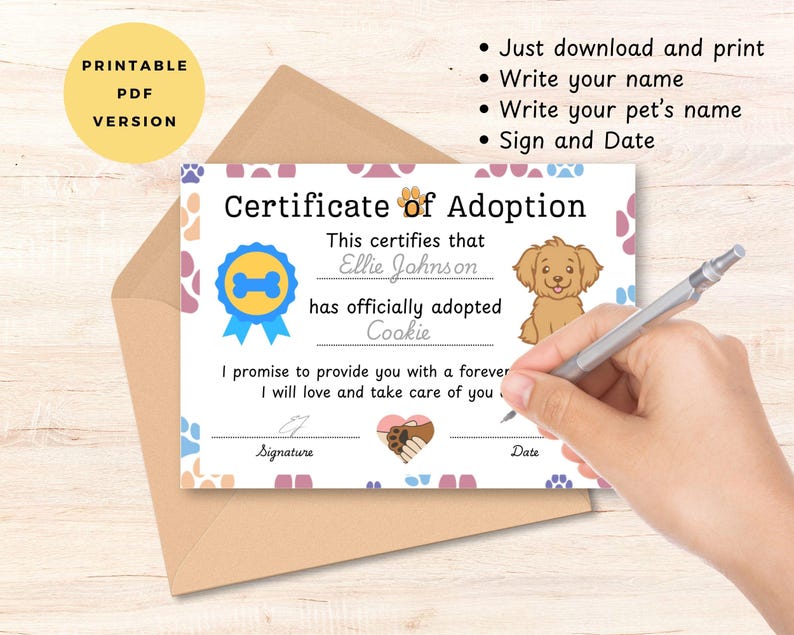 Dog Adoption Certificate Printable, Editable Pet Certificate Template ...