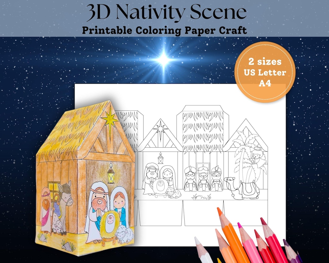 3D Nativity Scene Paper House Template, Christmas Coloring Craft for ...
