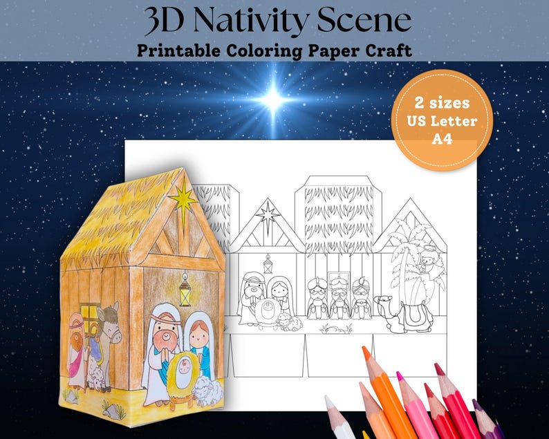 3D Nativity Scene Paper House Template, Christmas Coloring Craft for ...