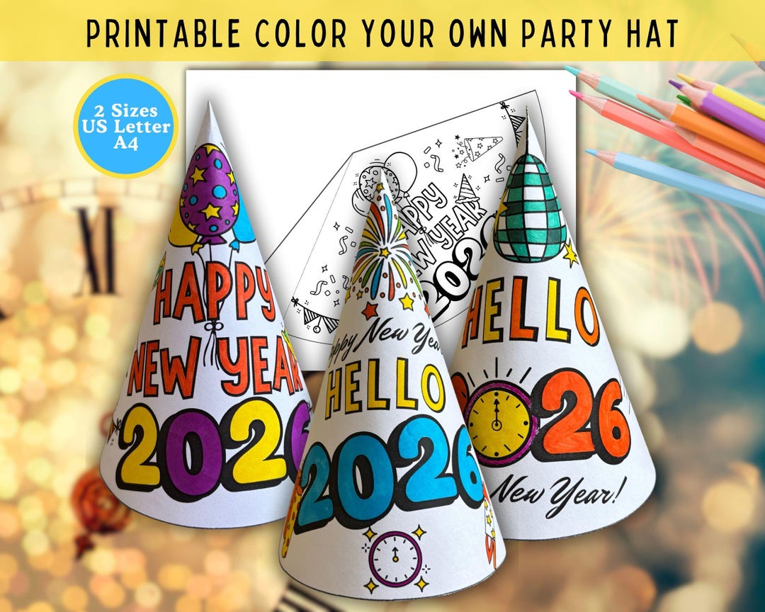 2026 New Year Party Hat, Make Your Own Hat Coloring Pages, New Years ...