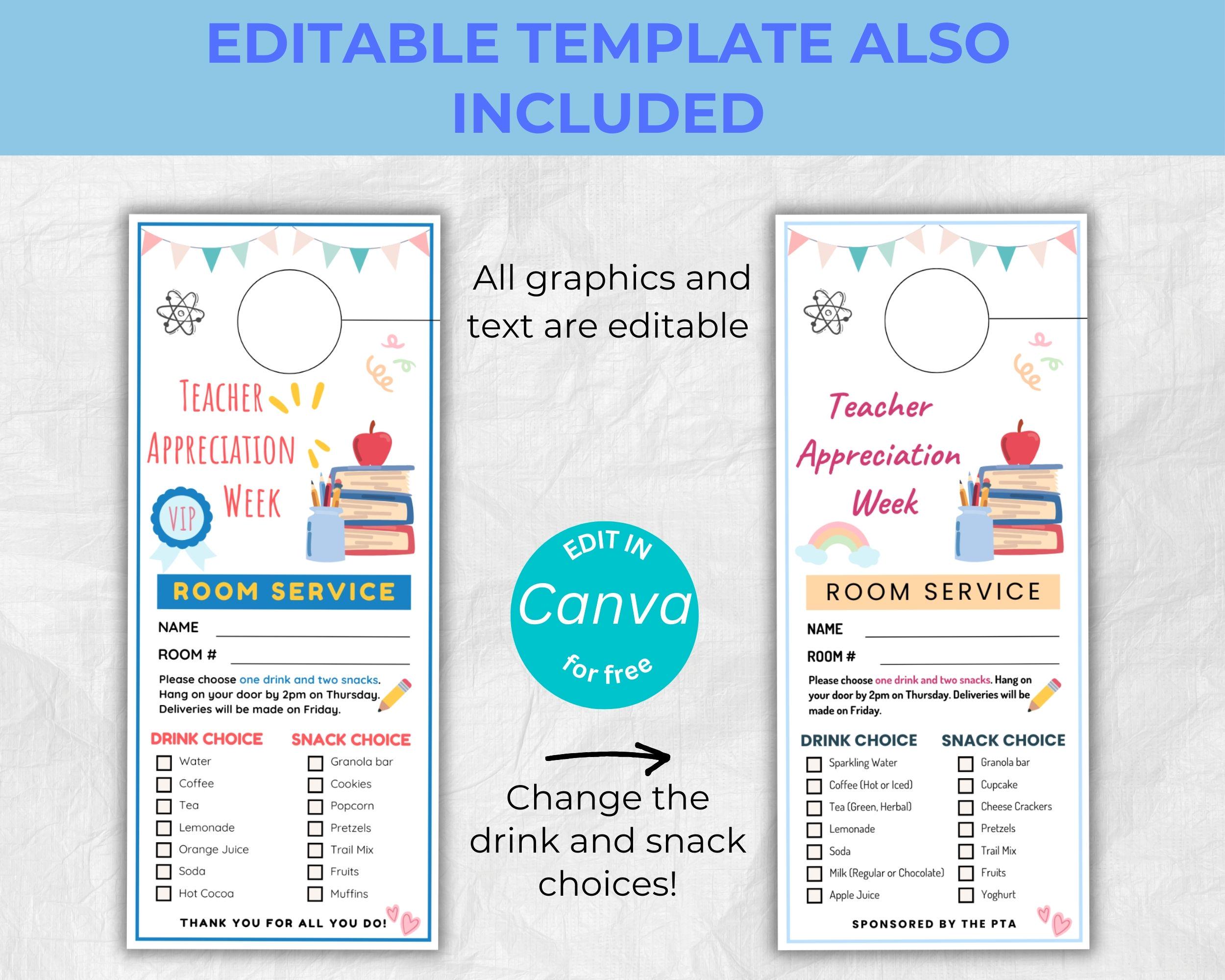 Teacher Appreciation Week Door Hanger, Editable VIP Room Service Staff ...