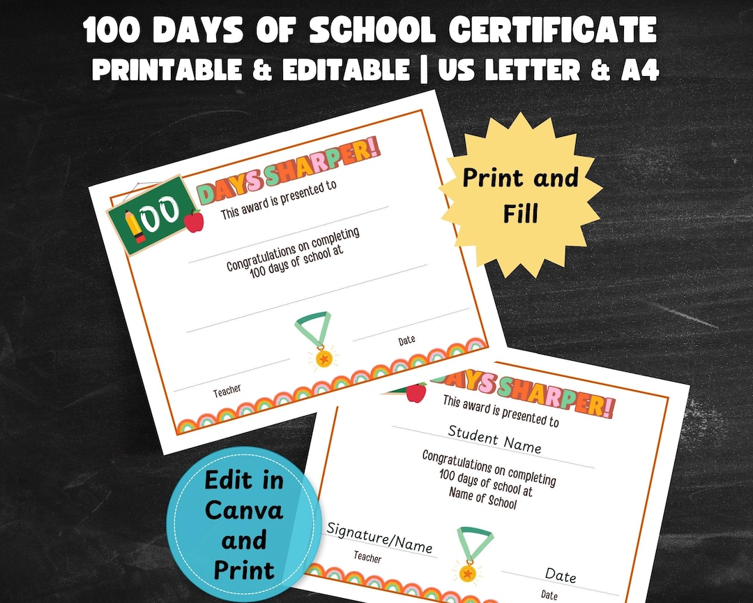 100th Day of School Certificate Template, Editable Kids Certificate ...