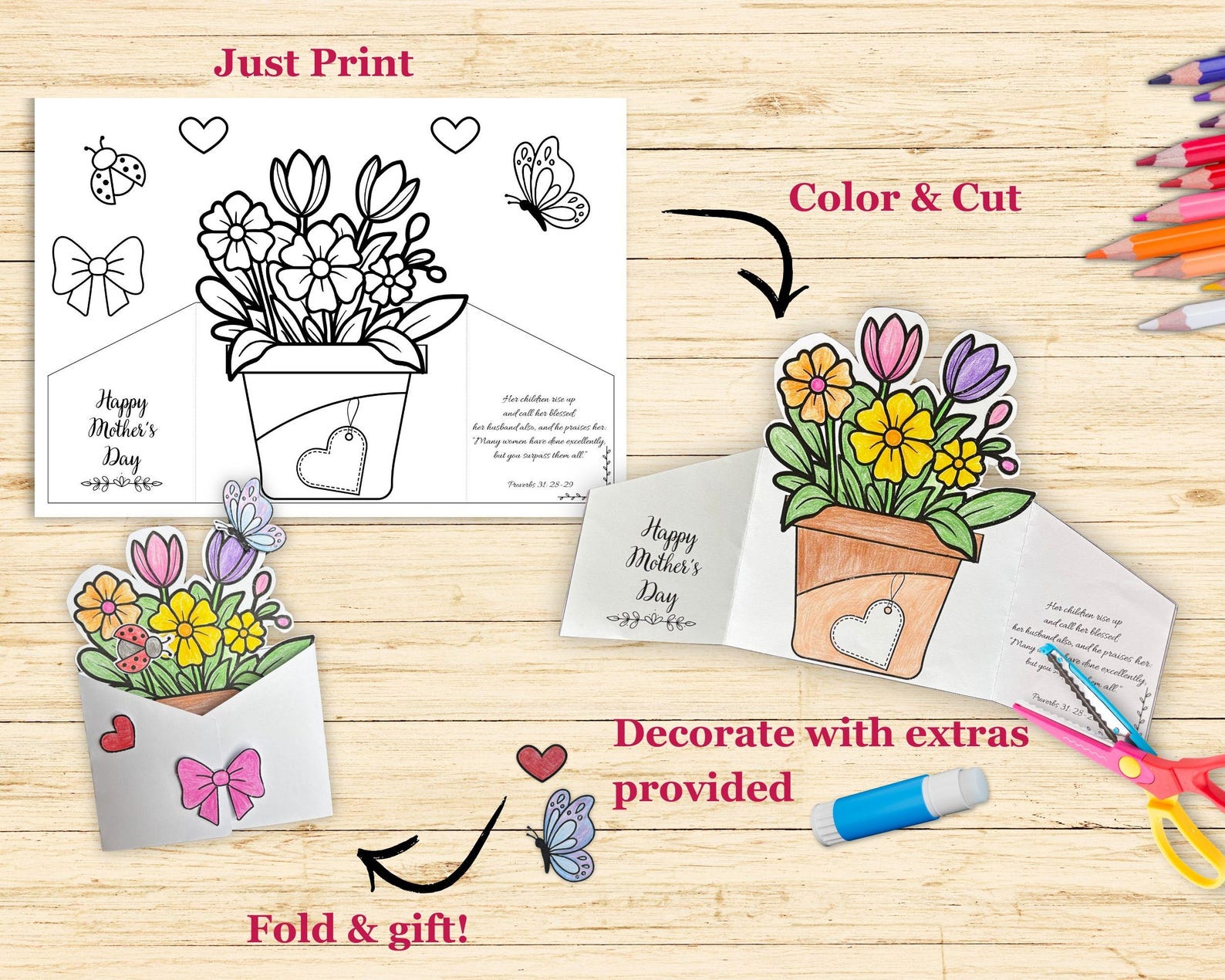 Mothers Day Flower Coloring Card, Proverbs 31 Mothers Day Card, Bible ...