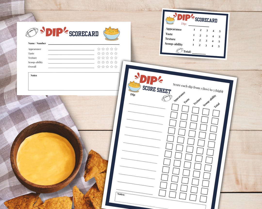 Dip Contest Cards, Tailgate Party Dip Scoring Cards, Football Game Day ...