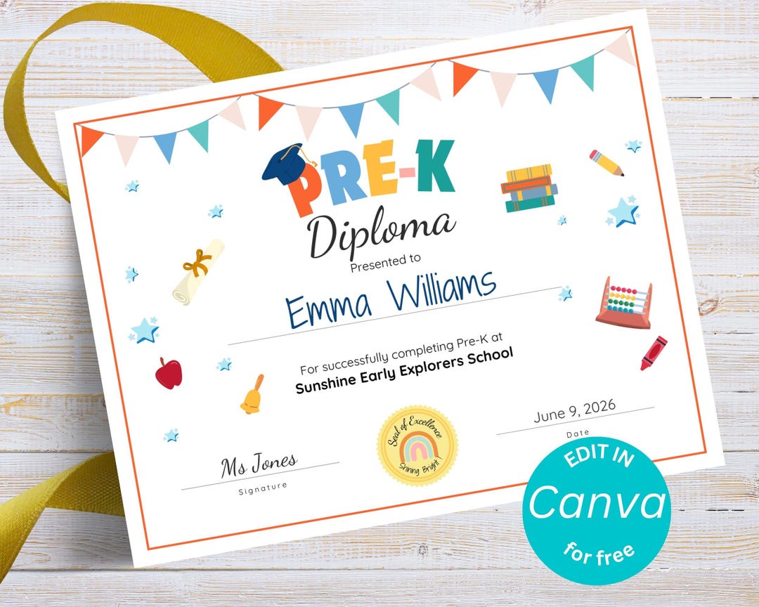 Pre K Graduation Certificate Template, Editable Pre K Diploma Template ...