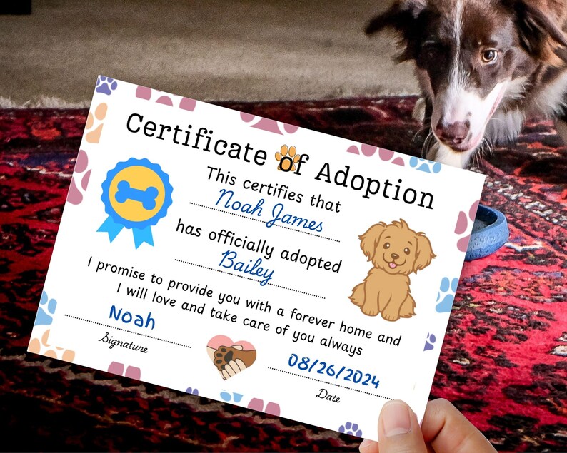 Dog Adoption Certificate Printable, Editable Pet Certificate Template ...