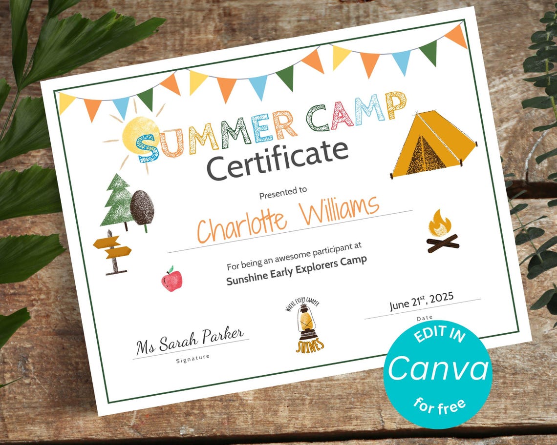 Summer Camp Editable Certificate Template, at Home Summer Camp Awards ...