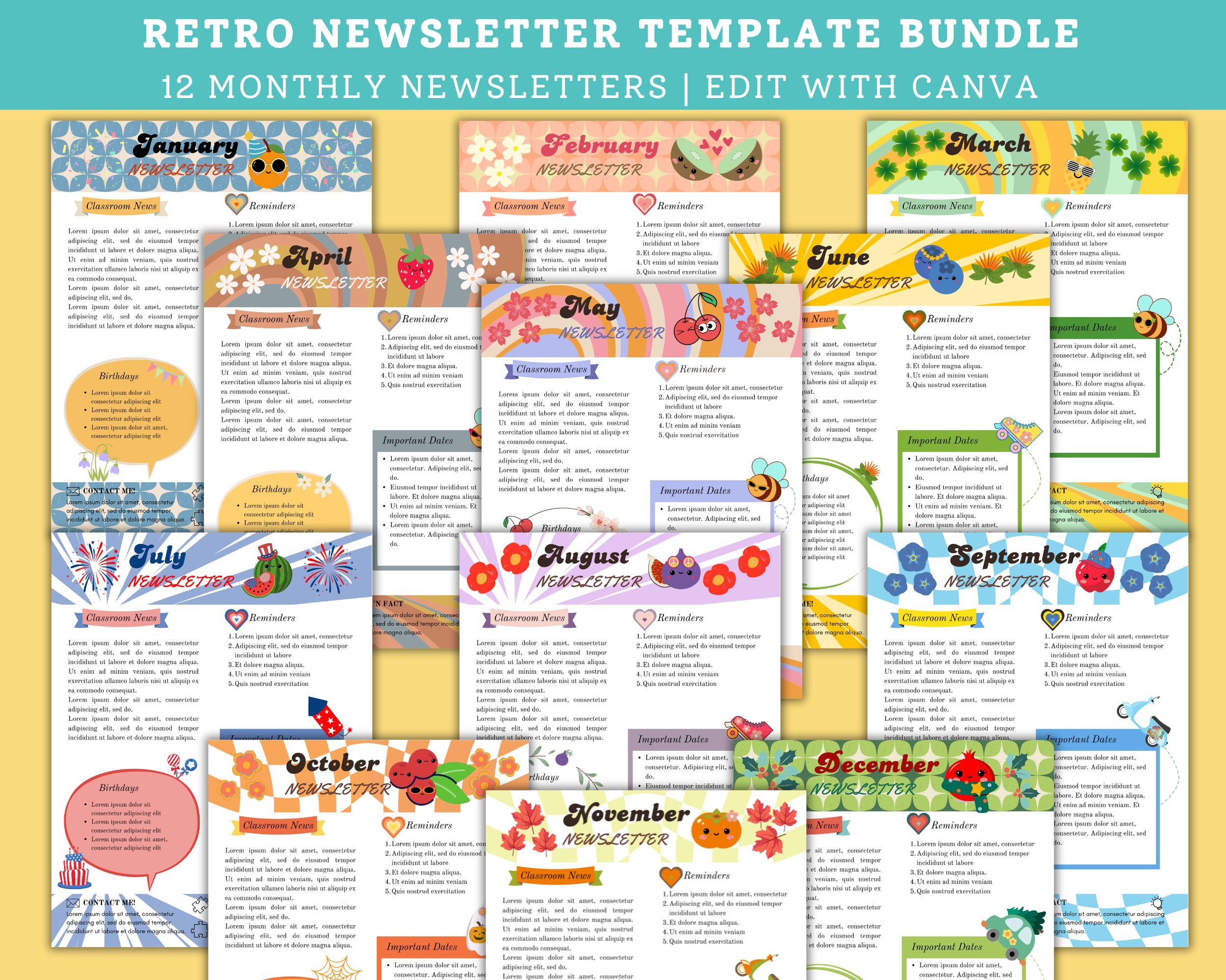 Groovy Teacher Newsletter Template Bundle, Editable Retro Newsletter ...
