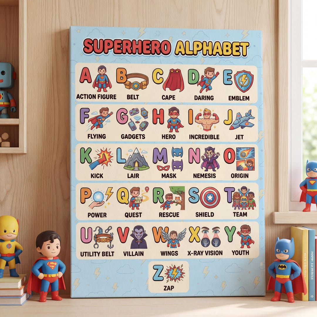 Superhero Alphabet Poster | Kids Educational Canvas Wall Art - Etsy
