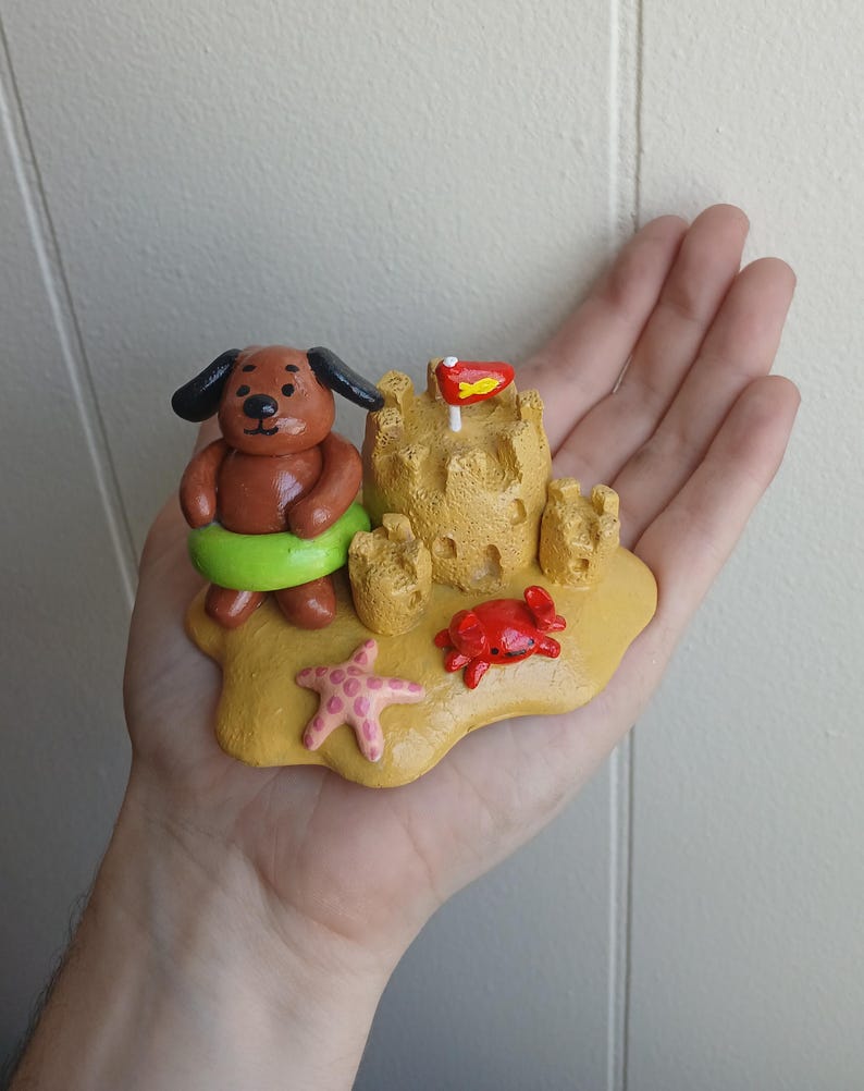 Dog on Sandcastle Beach Handmade Polymer Clay Desk Friend Sculpture ...