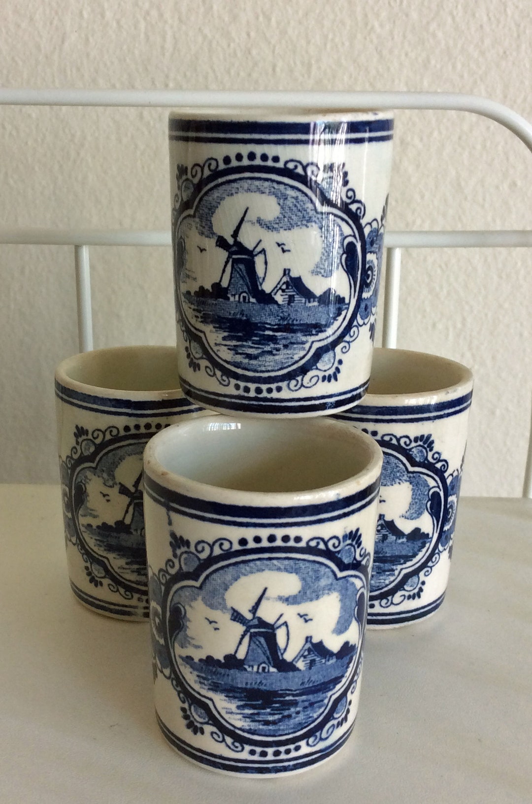 5 Ceramic Blue and White Delfts Vandermint Shot Cups With Windmills and ...