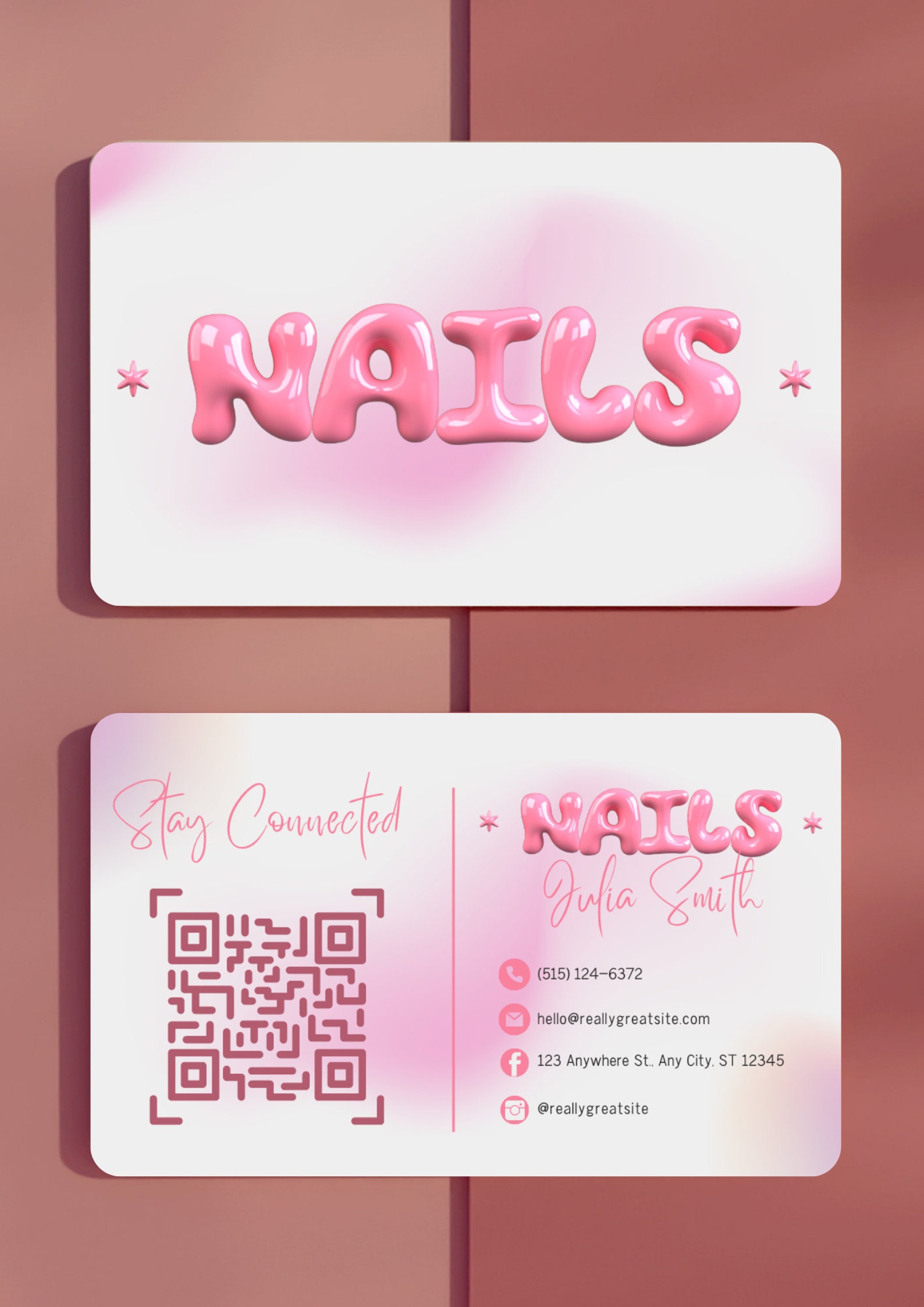 Pink Nail Business Card Printable, Contact Info & QR Code, Digital ...