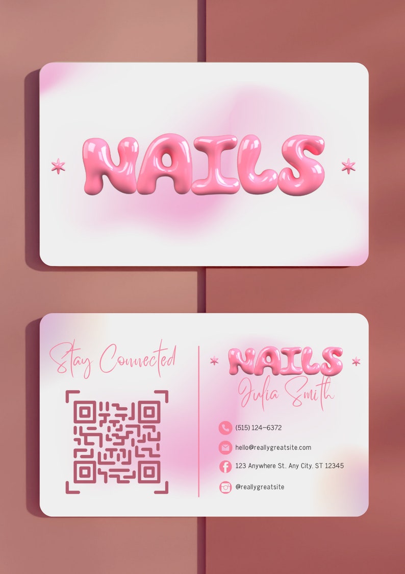 Pink Nail Business Card Printable, Contact Info & QR Code, Digital ...