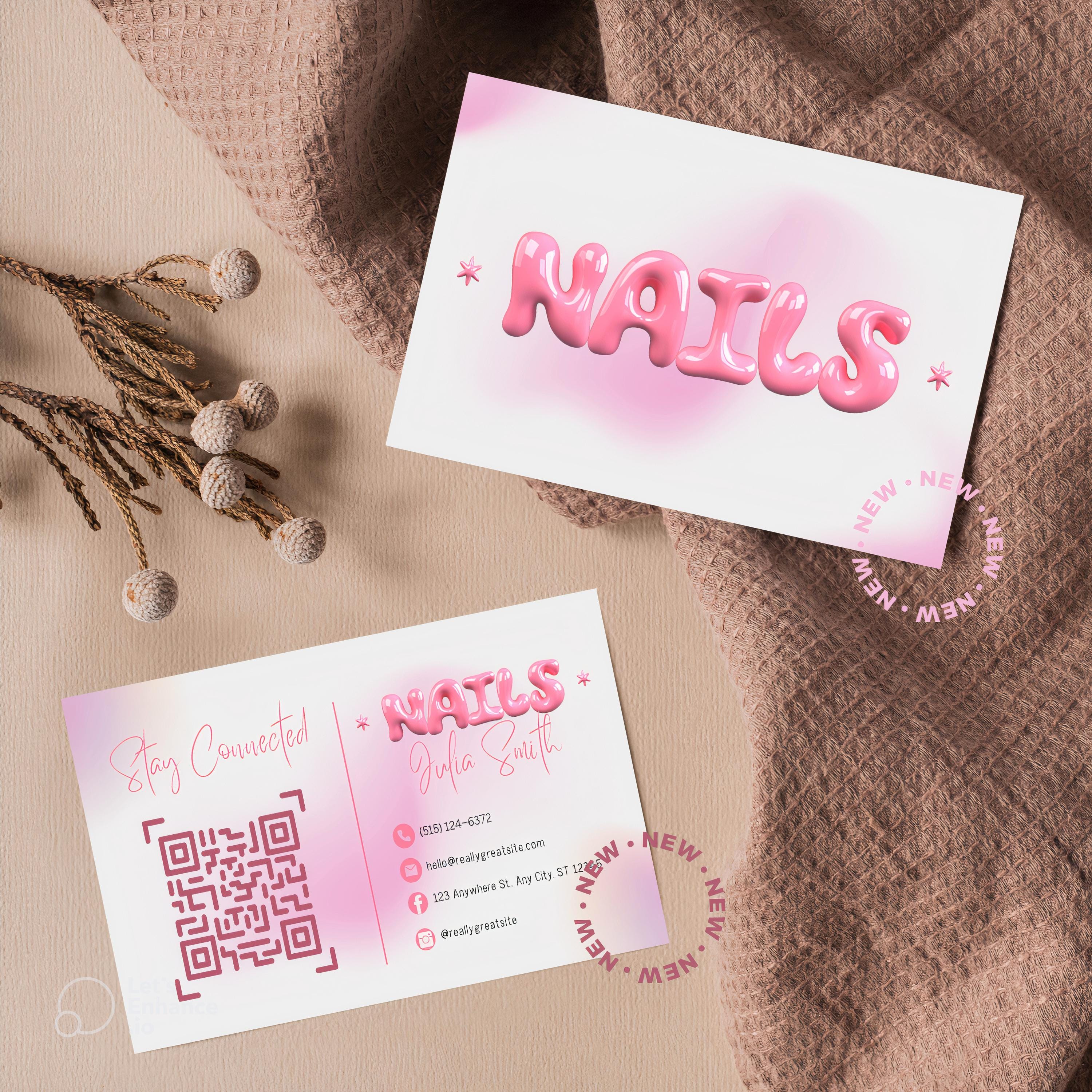 Pink Nail Business Card Template | Editable Digital Download With QR ...