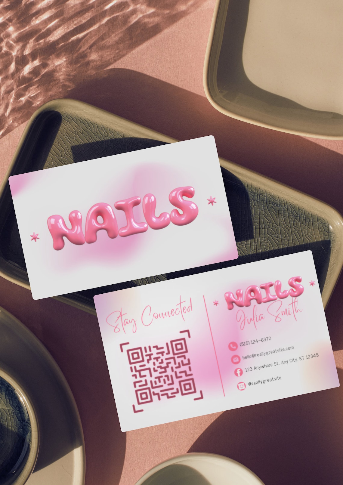 Pink Nail Business Card Printable, Contact Info & QR Code, Digital ...